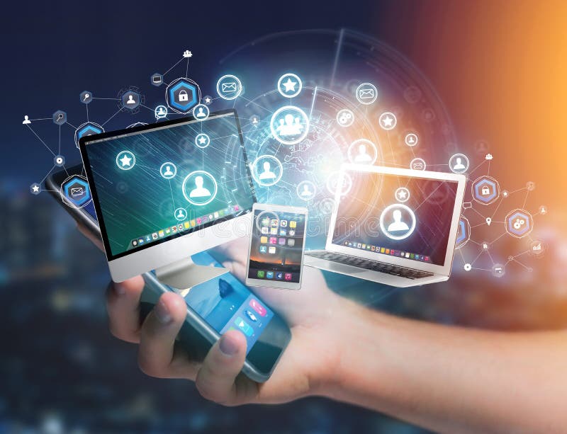 Computer and Devices Displayed on a Futuristic Interface with Bu Stock ...