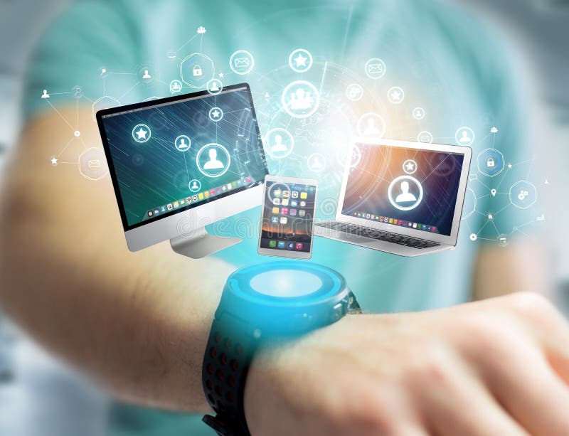 Computer and Devices Displayed on a Futuristic Interface with Bu Stock ...