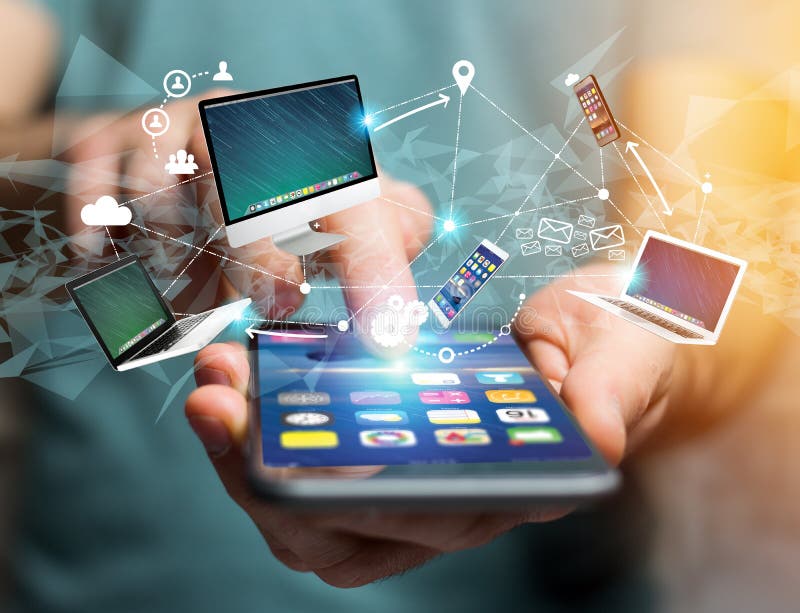 Computer and Devices Displayed on a Futuristic Interface with in Stock ...