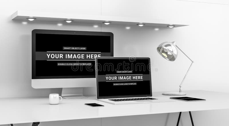 Modern White Desk Interior with Computer and Devices 3D Rendering Stock ...