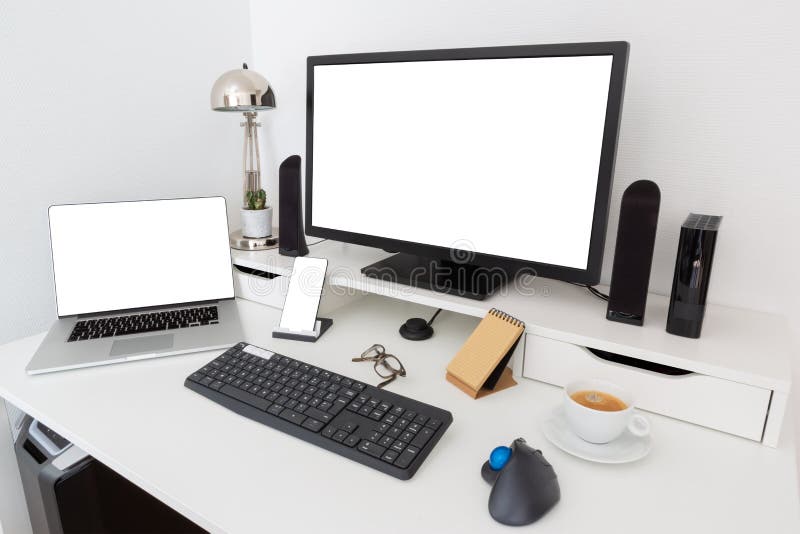 Computer and Devices on Modern White Desk Interior 3D Rendering Stock ...