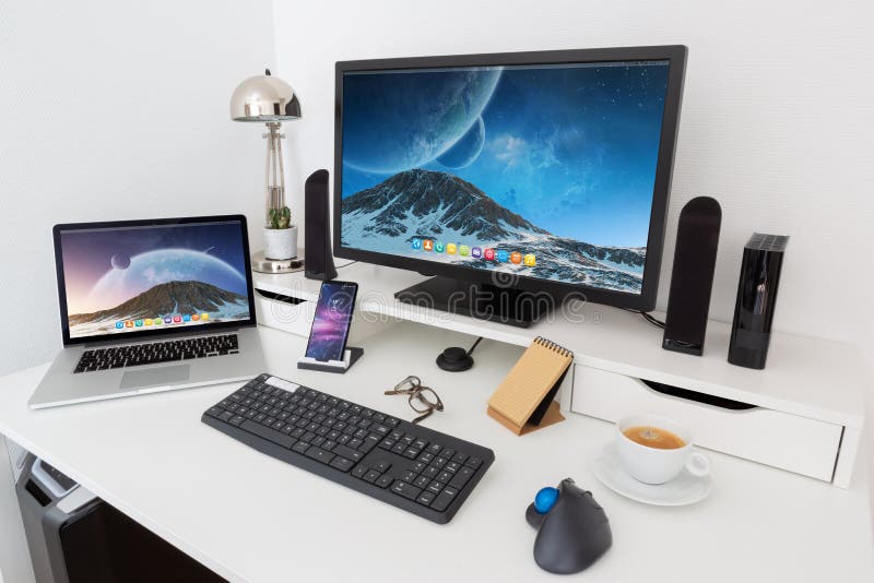Computer and Devices on Modern White Desk Interior 3D Rendering Stock ...