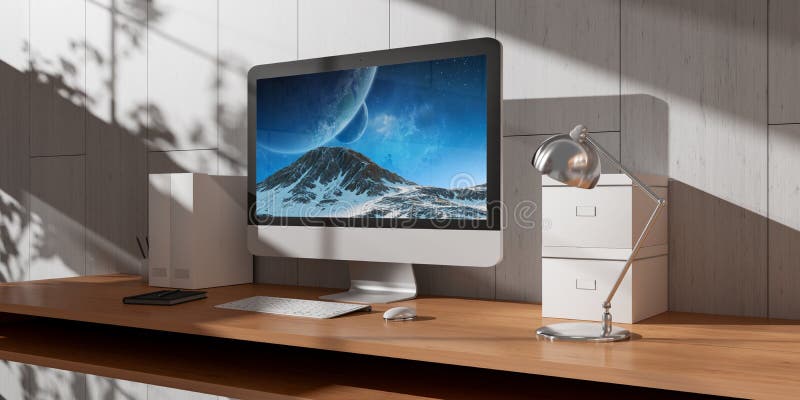 Computer and Devices on Modern Wooden Desk Interior 3D Rendering Stock ...