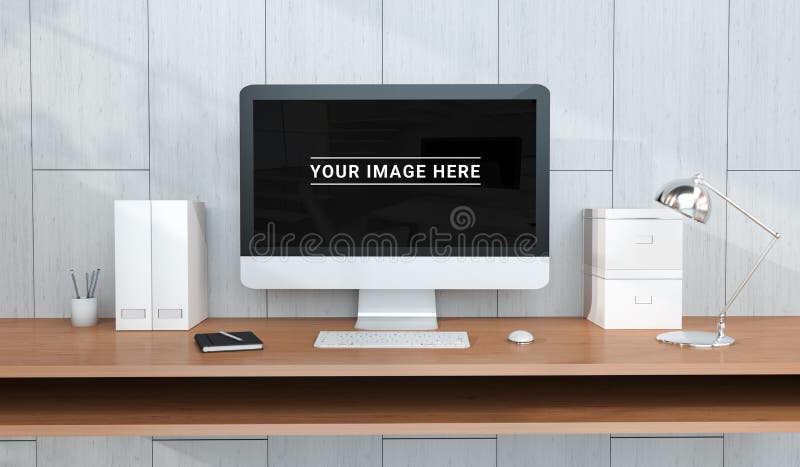 Computer and Devices on Modern Wooden Desk Interior 3D Rendering Stock ...