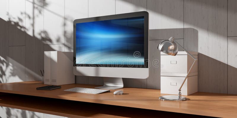 Computer and Devices on Modern Wooden Desk Interior 3D Rendering Stock ...