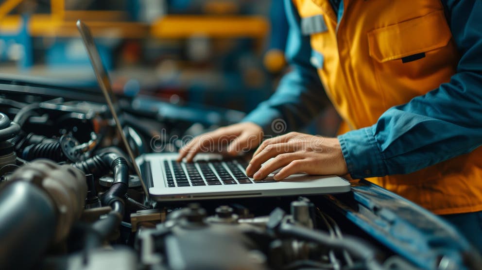 Computer Diagnostics. an Automotive Mechanical Technician Using Laptop ...
