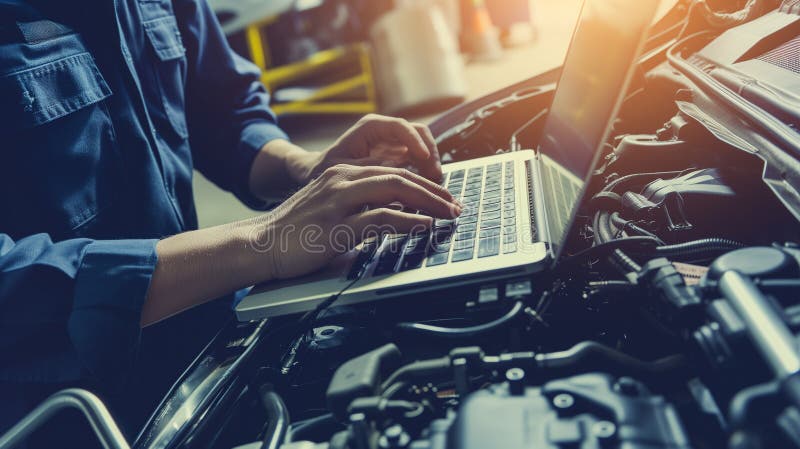 Computer Diagnostics. an Automotive Mechanical Technician Using Laptop ...