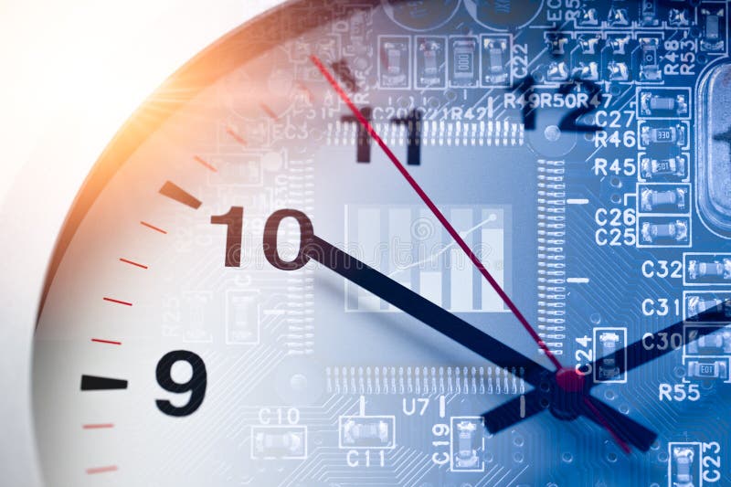 Computer Digital Chips Overlay Time Clock. Digital Circuit Board ...