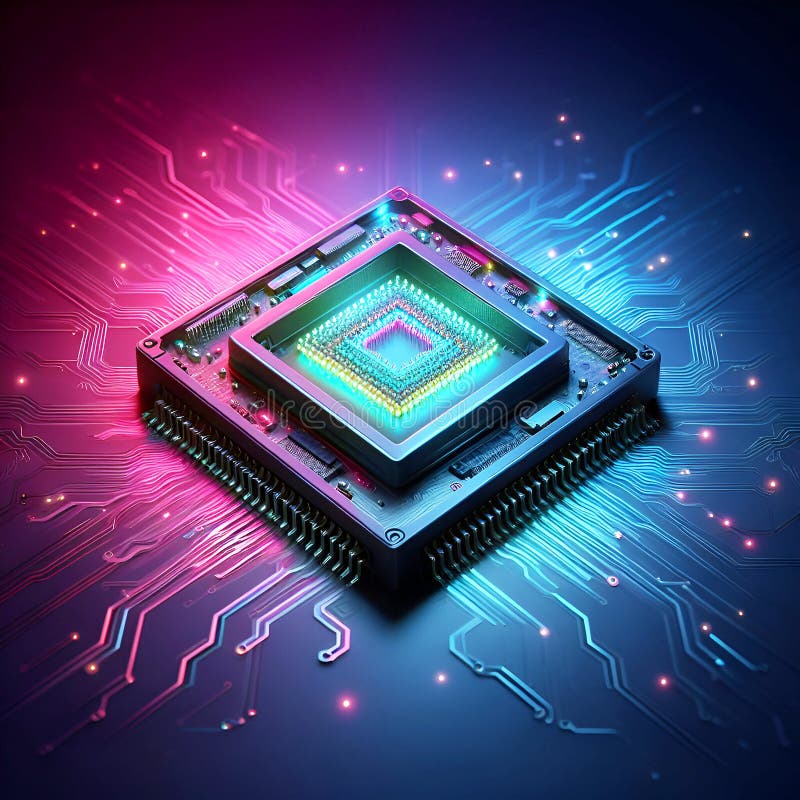 Computer Digital Circuit Board Neon Lighting Line Data Security Concept ...