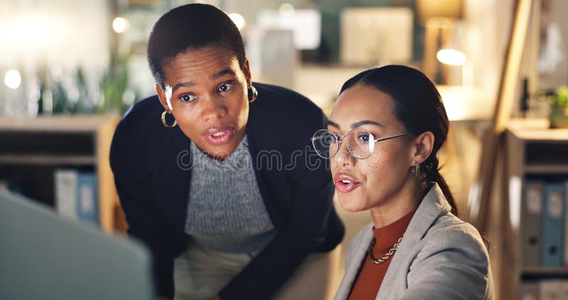 Computer, Discussion and Business People in Office at Night Working on ...