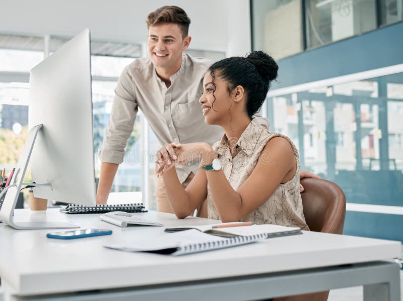 Computer, Discussion and Team Working on a Project Together for ...