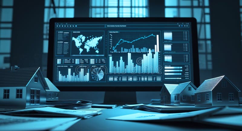 Computer Display with Data Charts and Miniature House Models on a Desk ...