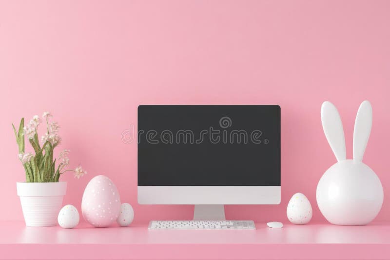 Computer Display Decorated with Easter Eggs and Bunny Figure. Festive ...