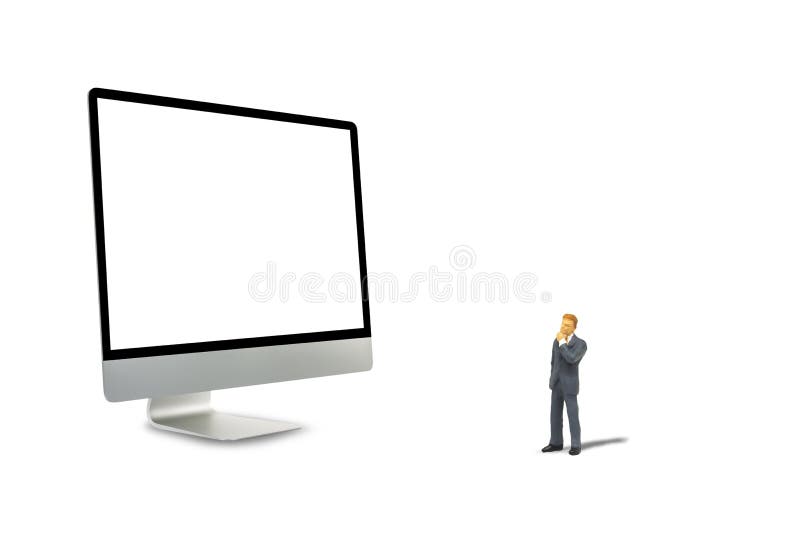 Miniature Businessman Standing and Looking To Desktop Computer Display ...