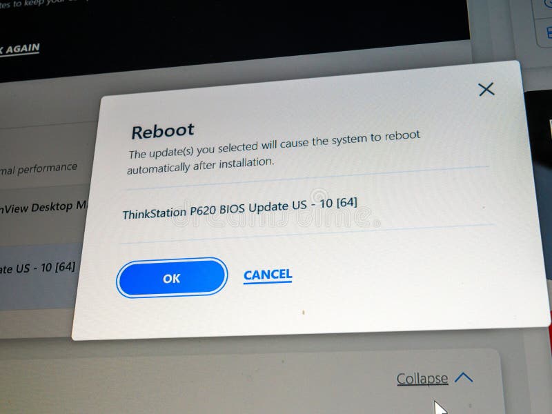 Computer Display Screen with Reboot Message after Installation of the ...