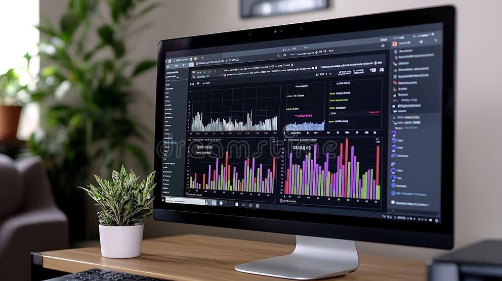 Computer Display Shows Financial Data Graphs and Charts Stock Illustration - Illustration of ...