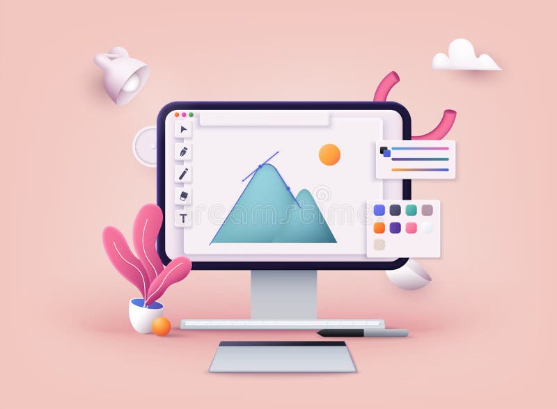 Computer Display with Vector Design Program. 3D Web Vector ...