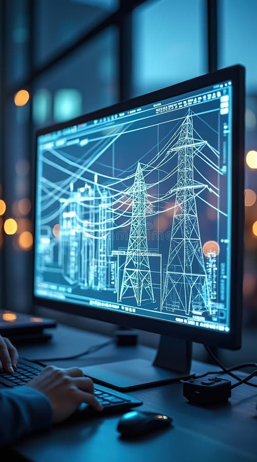 Computer Displaying CAD Electrical Project with Power Grid Design Stock ...