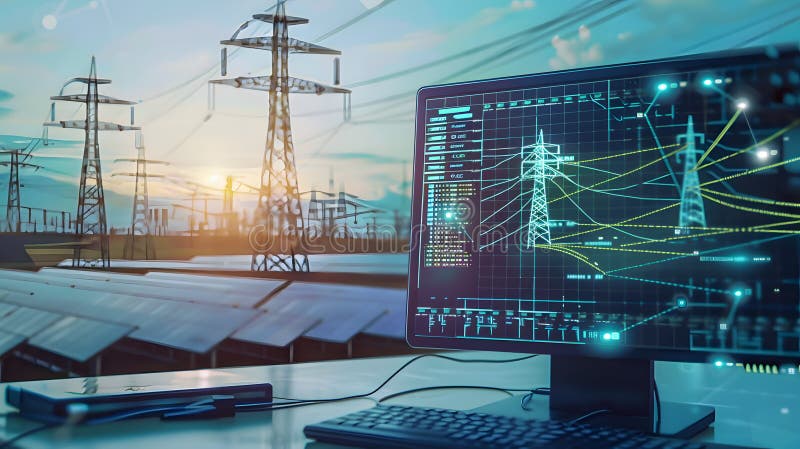 Computer Displaying CAD Electrical Project with Power Grid Stock Image ...