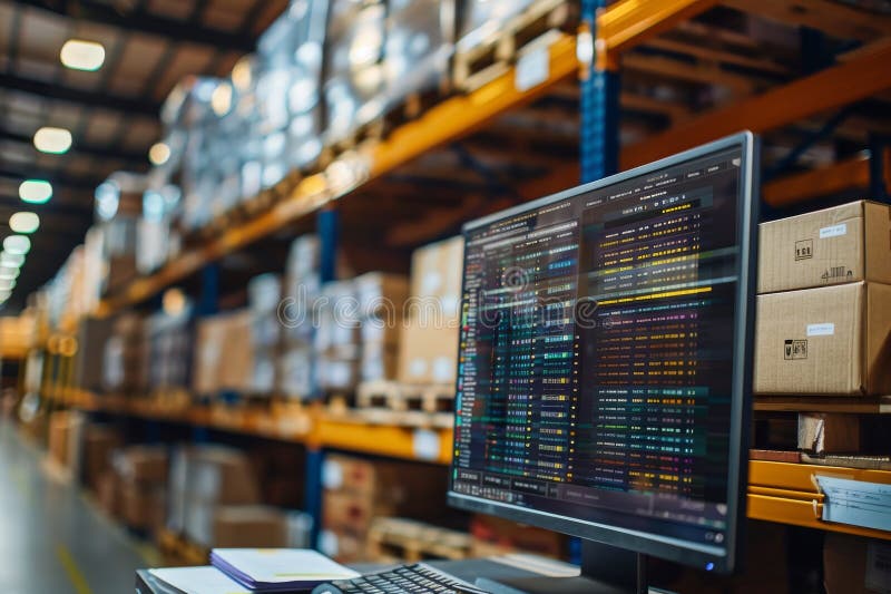 Computer Displaying Data in a Large Warehouse Stock Illustration ...