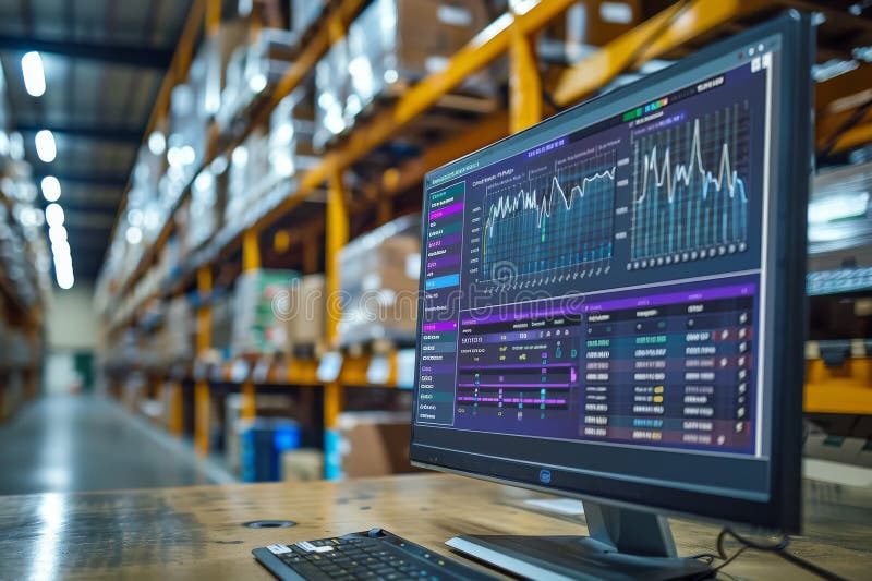 Computer Displaying Data in a Large Warehouse Stock Illustration ...