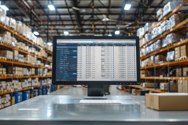 Computer Displaying Data in a Large Warehouse Stock Illustration ...