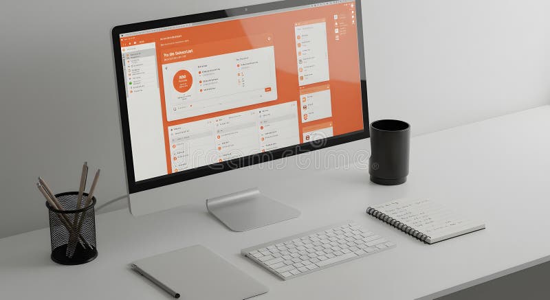 Computer Displaying Orange Dashboard on a White Desk Stock Illustration ...