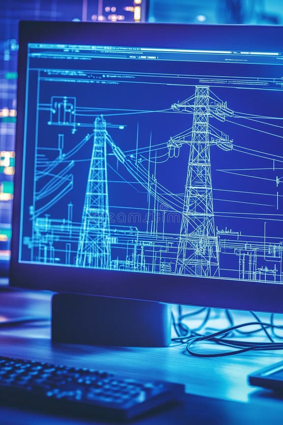 Computer Displaying a Power Grid Expansion Blueprint with High-voltage ...