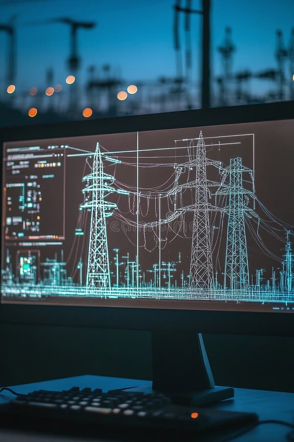 Computer Displaying a Power Grid Expansion Blueprint with High-voltage ...