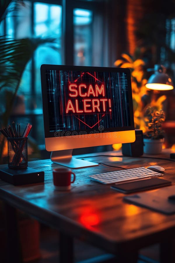 Computer Displaying Scam Alert Message in a Cozy Home Office Setting ...