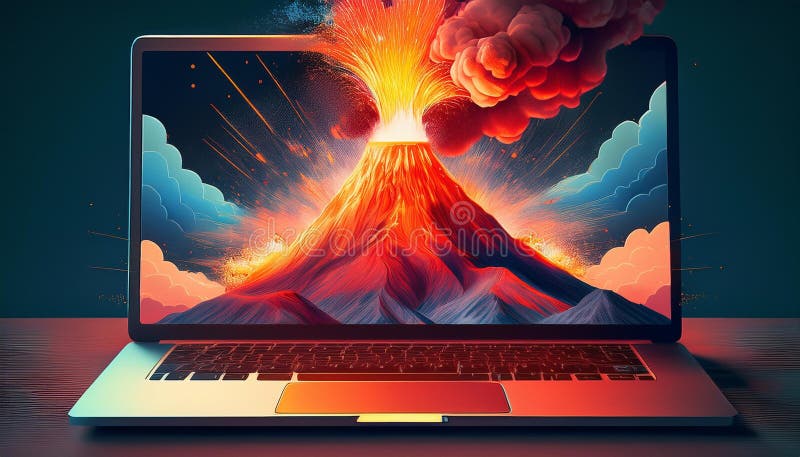 Computer Displays Erupting Volcano with Vibrant Colors and Dramatic ...