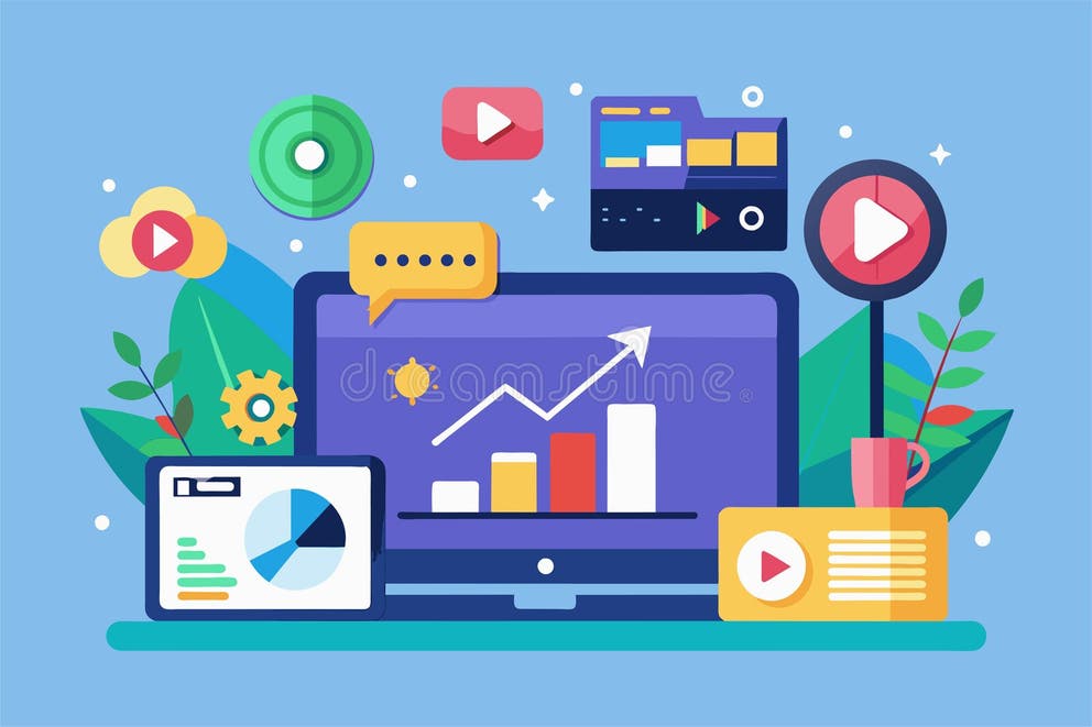 A Computer Displays Graphs and Icons Representing Trending Video Data ...