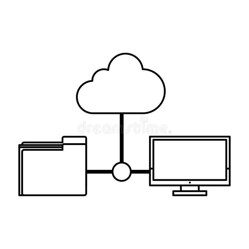 Computer with Documents Folder in Black and White Stock Vector ...