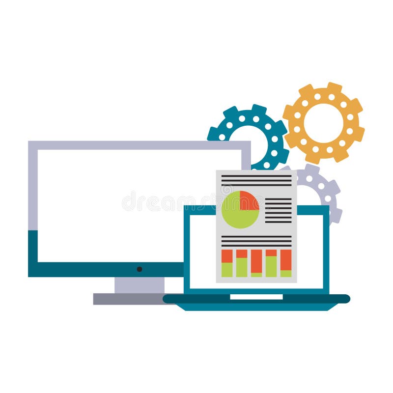 Computer with Documents and Gears Stock Vector - Illustration of ...