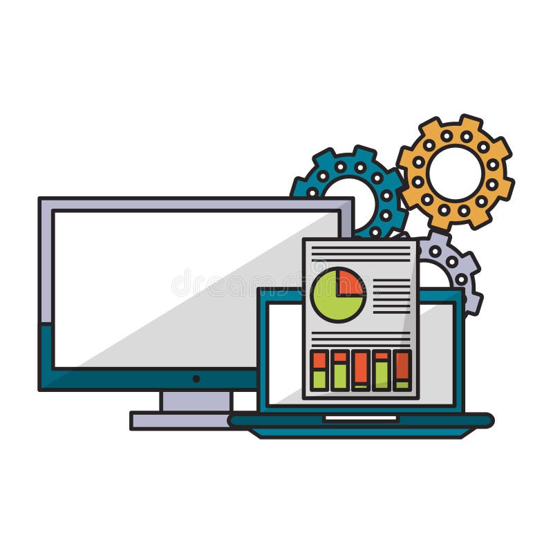 Computer with Documents and Gears Stock Vector - Illustration of ...