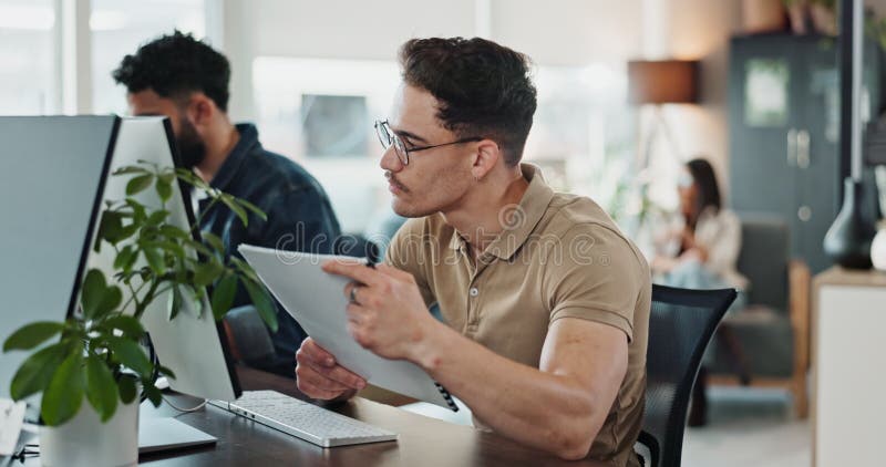 Computer, Documents and Web Development with Man Software Engineer in Office for Coding or ...