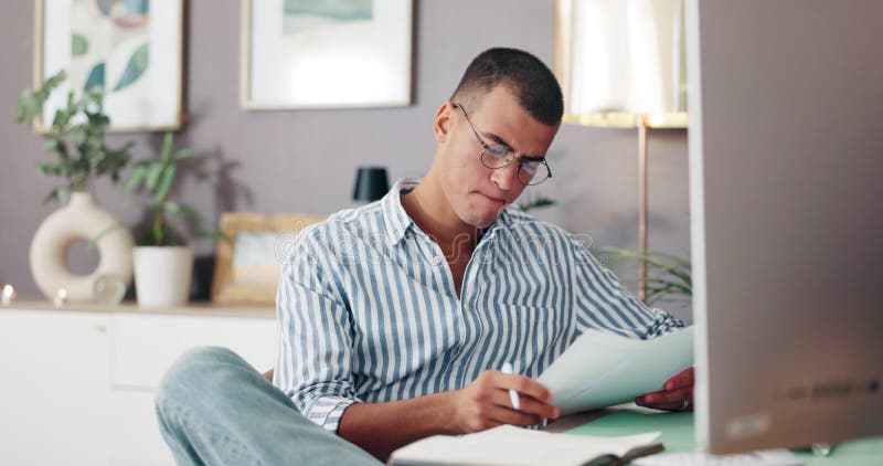 Computer, Documents and Writing with Man in Home Office for Remote Work ...