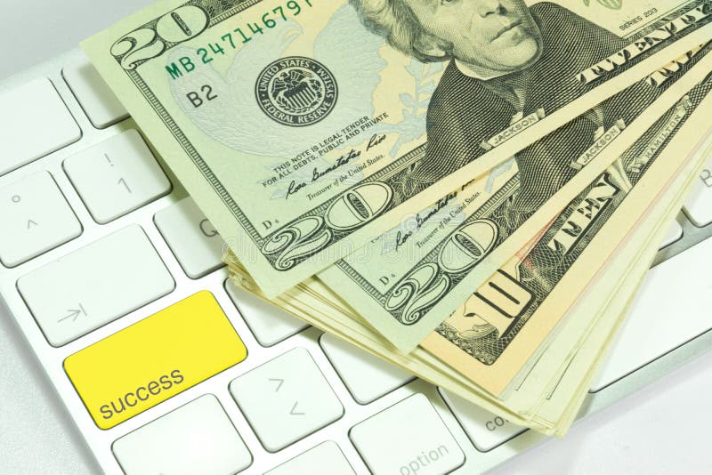 A Computer, Dollar Bills and Button Send Money Stock Image - Image of ...