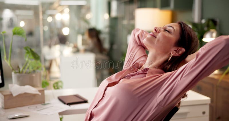 Computer, Done and Relax with Business Woman at Desk in Office for ...