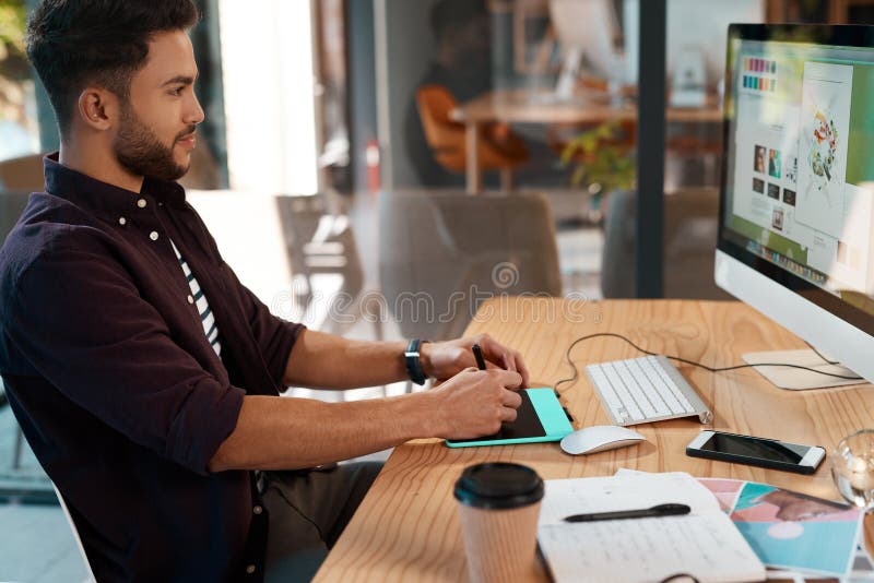 Computer, Drawing and Man in Office for Web Design, Planning and ...