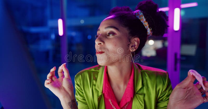 Computer, Eating and Neon with Programmer Woman in Office at Night for ...
