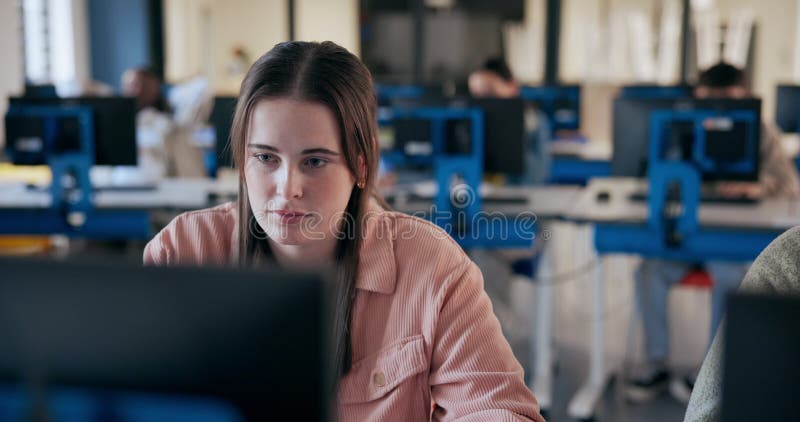 Computer, Education and Girl Student in Classroom for Learning, Lecture ...