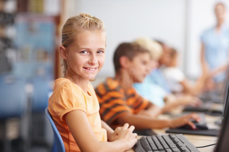Computer, Education and Portrait of Student Girl in Classroom of School ...