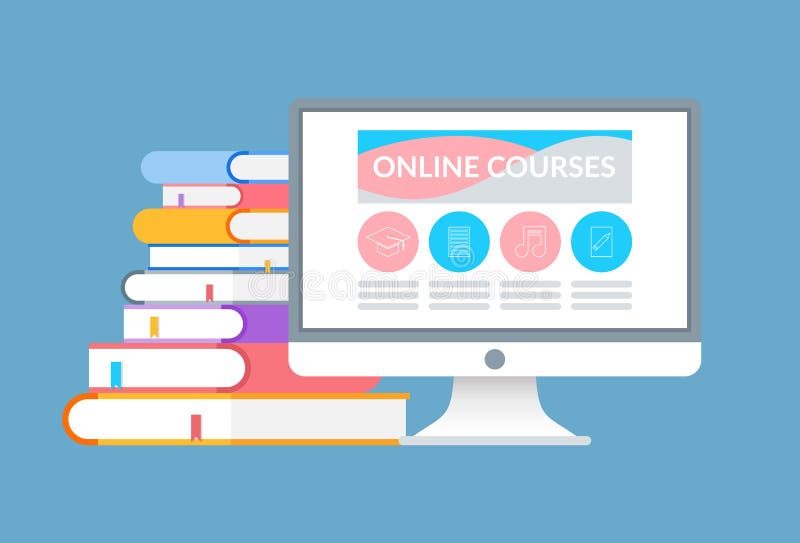 Computer with Educational Page and Books Vector Stock Vector ...