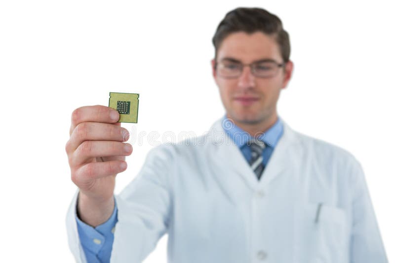 Man Holding Chip Over the Computer CPU Board Stock Image - Image of ...