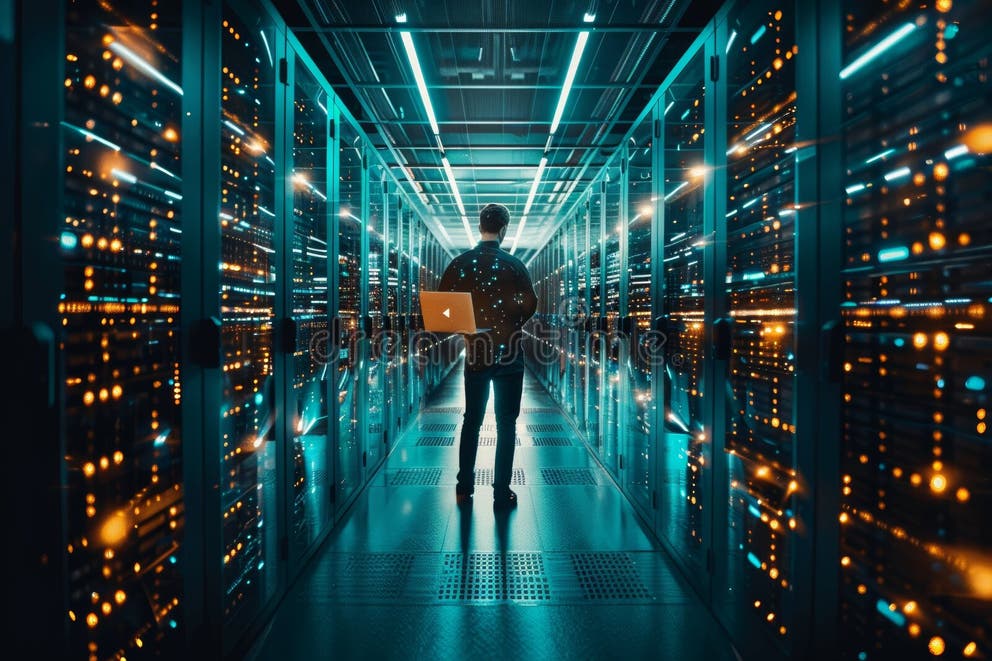 Computer Engineer in Server Room with Laptop Digital Technology and it ...