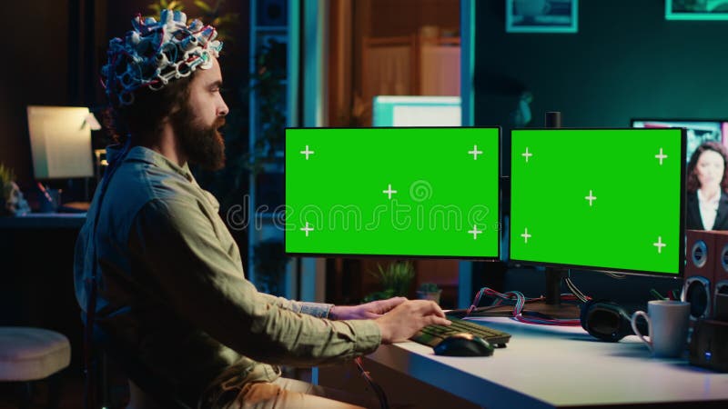 Computer Engineer Starting Mind Upload Process Using Green Screen PC Stock Video - Video of ...