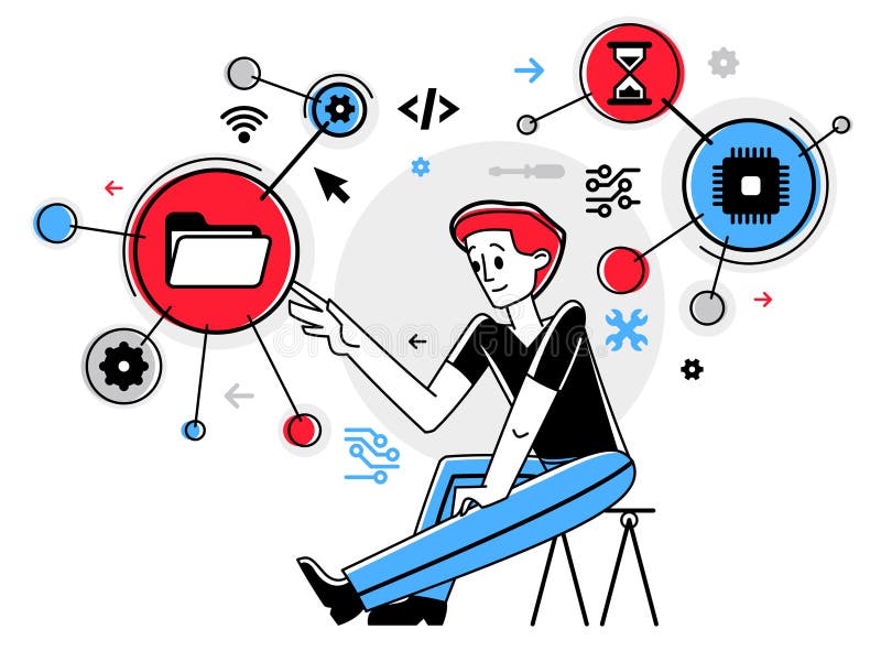 Technician Computer Engineer Woman Repairing Pc Vector Outline ...