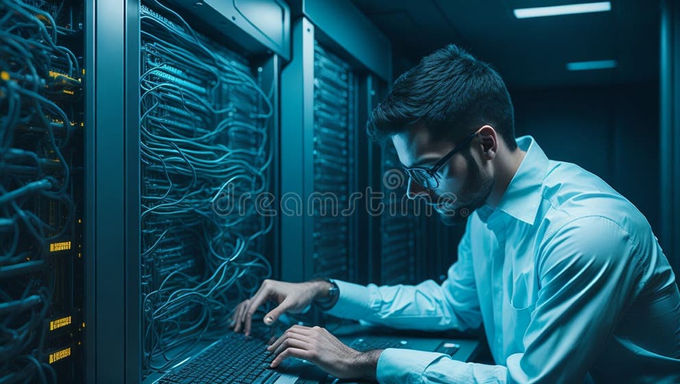 Computer Engineer Working on Laptop Computer with Server Room, Data ...