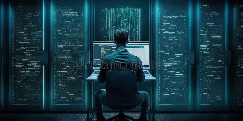 Computer Engineer Working on Laptop Computer with Server Room, Data ...